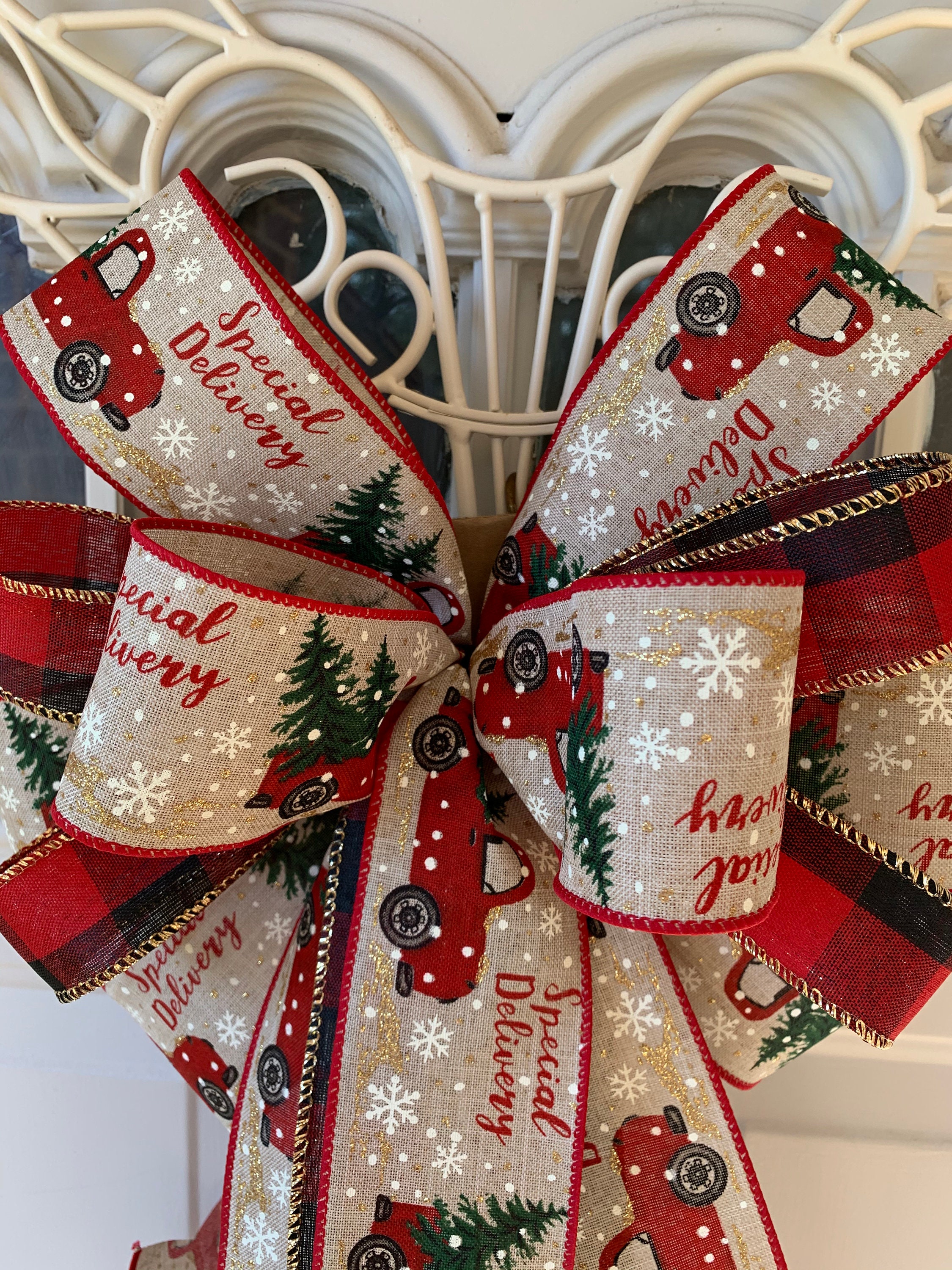 Red Truck Christmas Bow with Buffalo Plaid for Wreath Lantern | Etsy