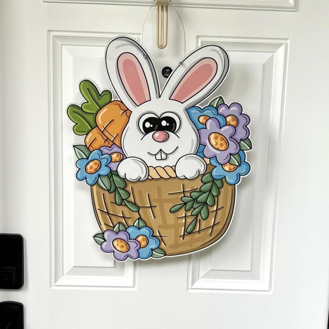 Easter Bunny Door Hanger, Spring Front Door Sign With Flowers & Carrots ...
