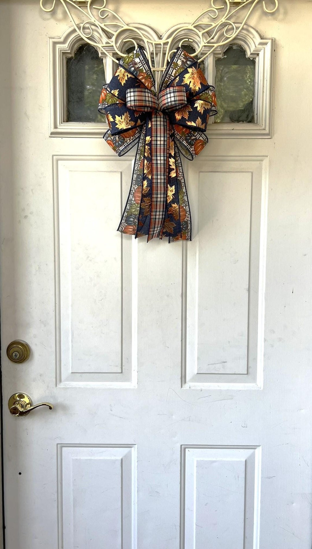 Fall Harvest Bow, Fall Bow With Navy Plaid and Bronze Leaves, Pumpkin ...