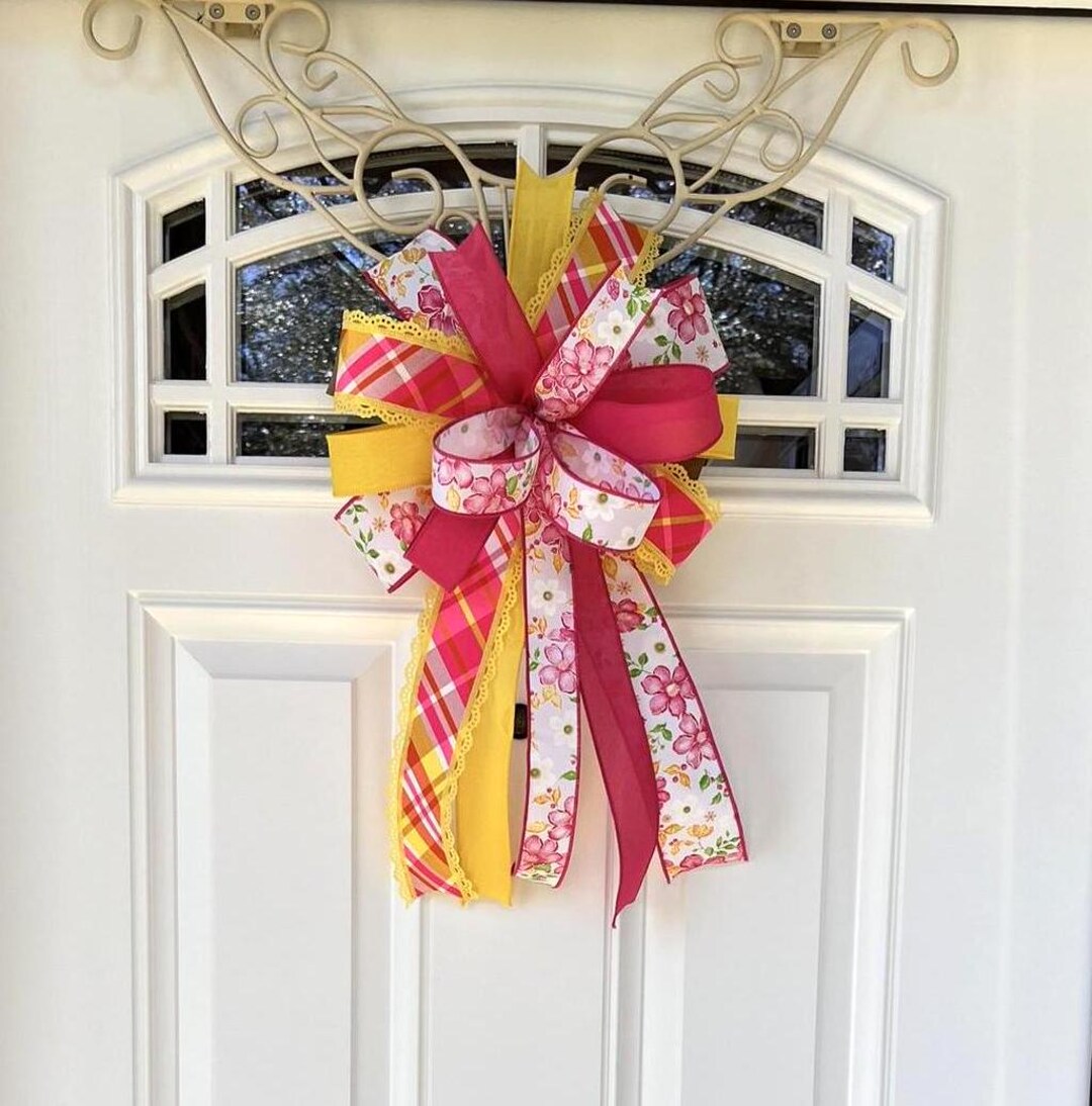 Spring Door Bow, Pink and Yellow Floral Wreath Bow, Front Door ...