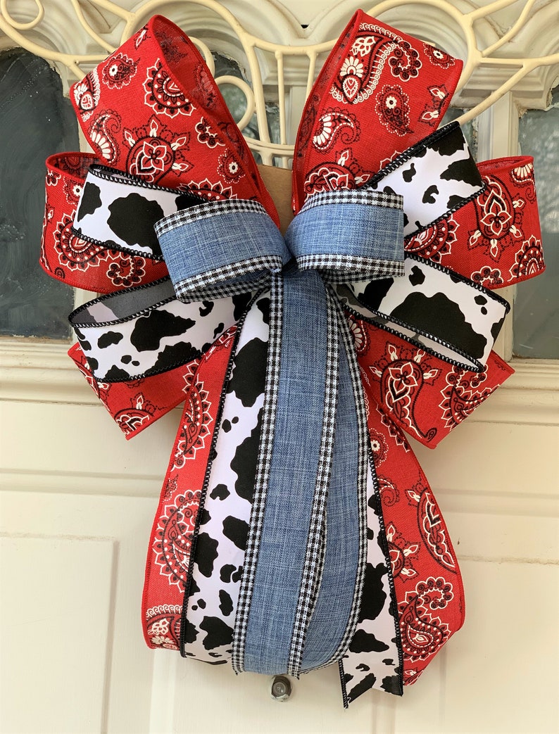 Farmhouse Summer Bow, Country Cow Bow for Wreath, Cow Print Bow for ...