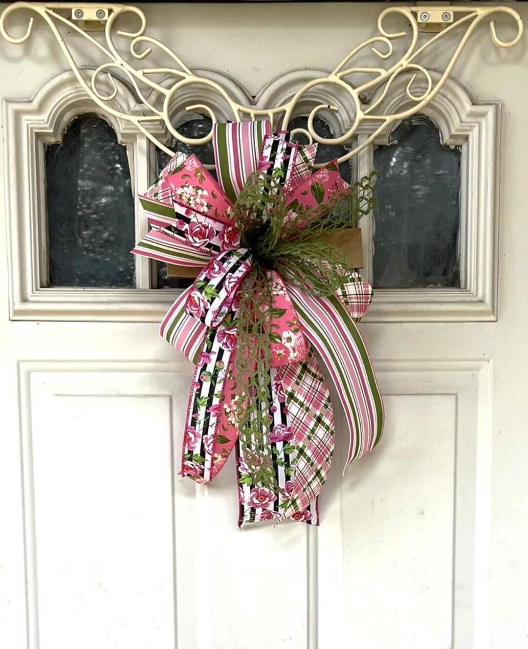 Spring Floral Bow, Pink and Green Ribbon Bow, Handmade Wreath Bow for ...