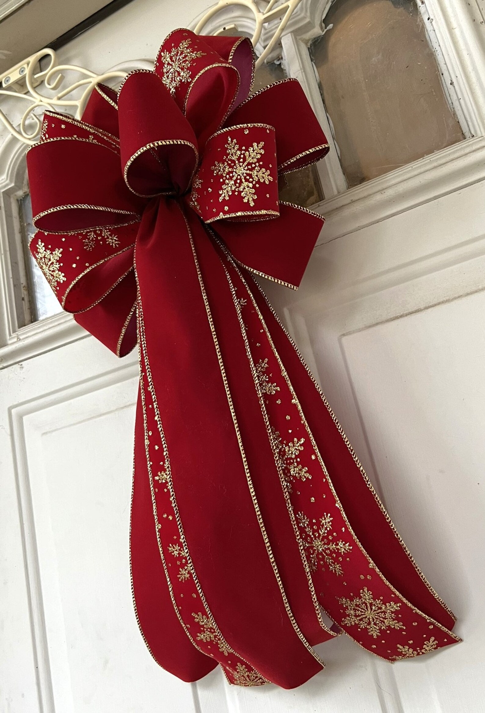 Scarlet Red Snowflake Velvet Christmas Tree Topper Bow, Lantern Bow ...