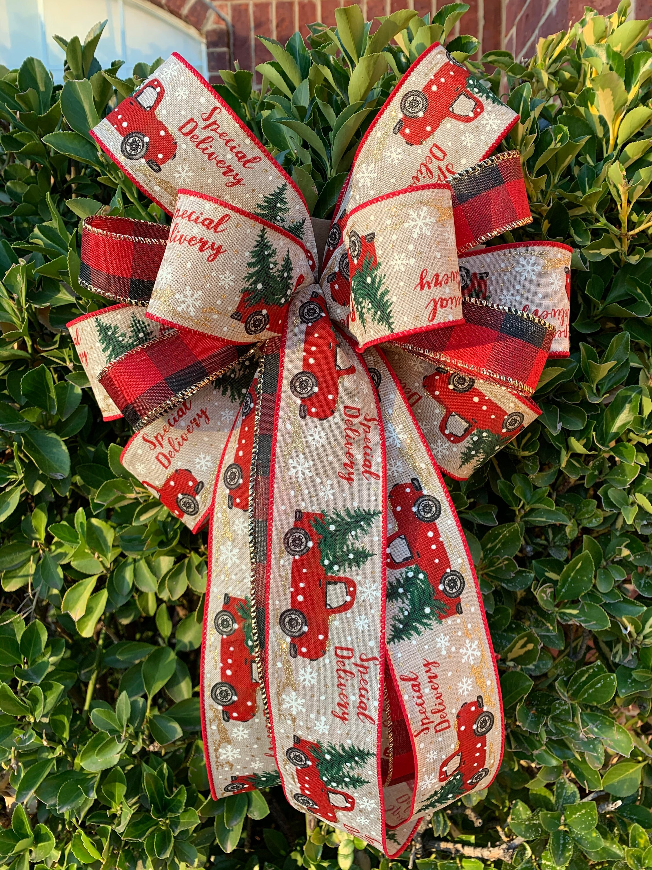 Red Truck Christmas Bow with Buffalo Plaid for Wreath Lantern | Etsy