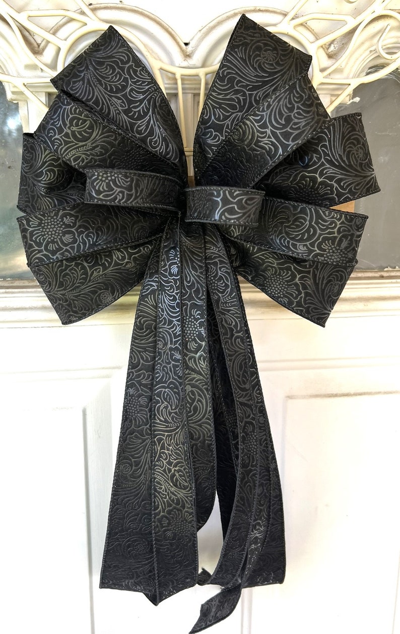 Black Wreath Bow, Embossed Wreath Bow, Black Flower Bow for Tree Topper ...