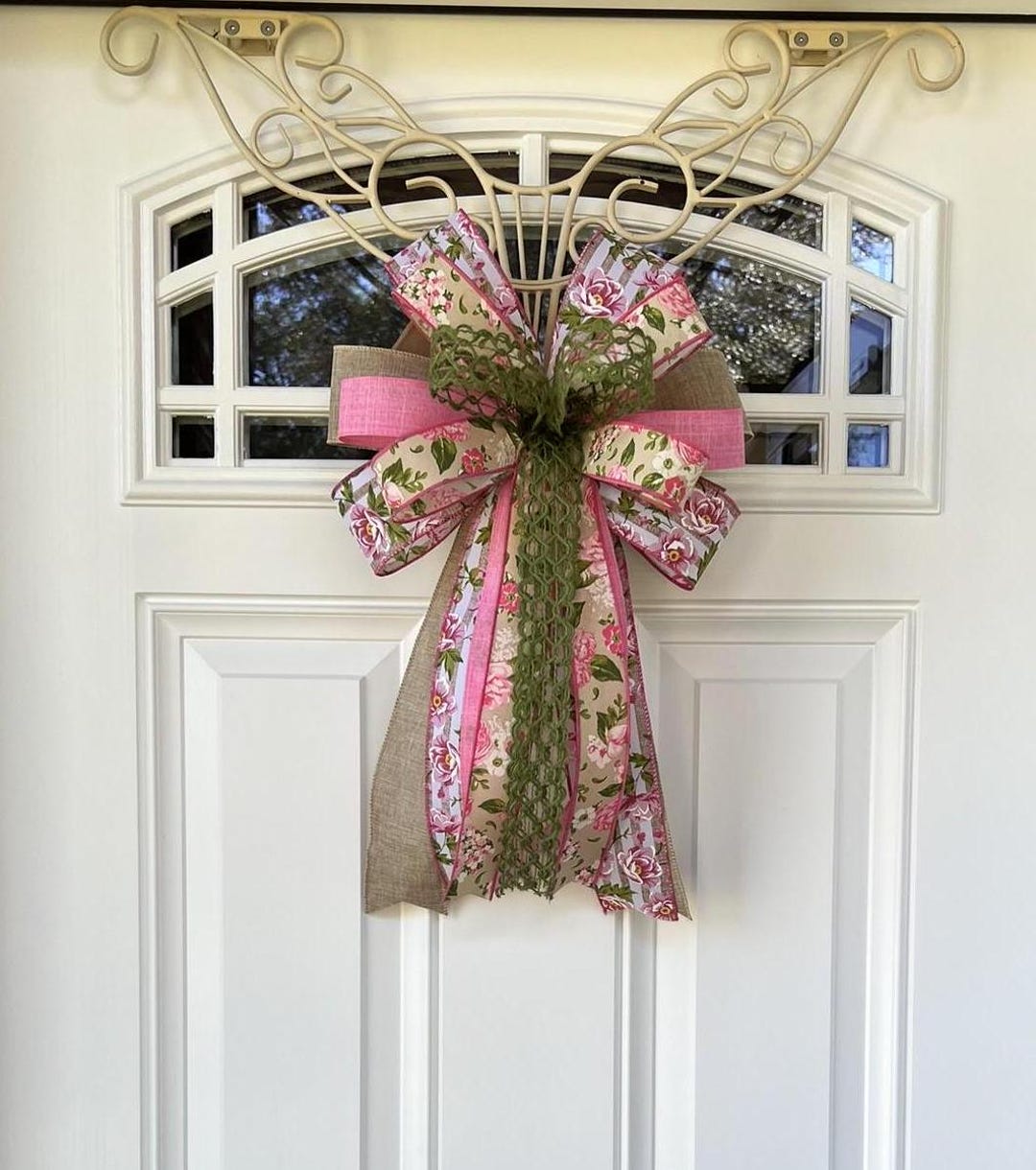 Spring Floral Bow, Natural Pink Green Bow, Handmade Wreath Bow for ...