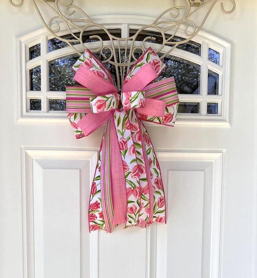 Spring Tulip Bow, Pink Floral Door Bow, Easter Wreath Bow, Front Door ...