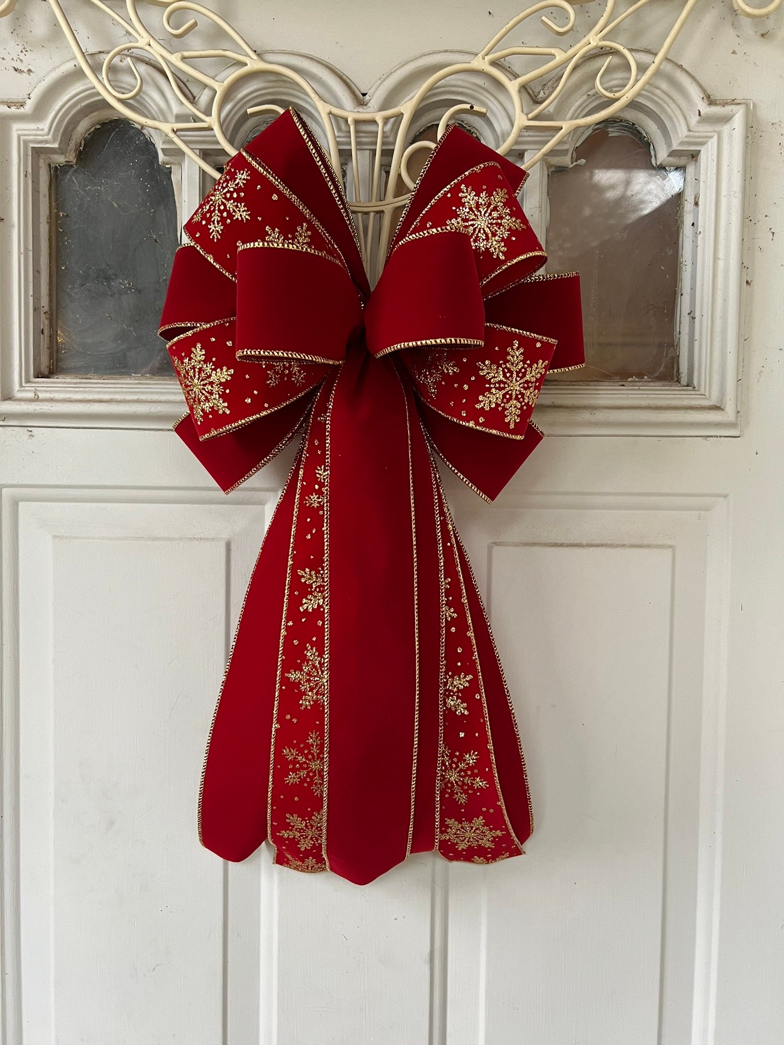 Scarlet Red Snowflake Velvet Christmas Tree Topper Bow, Lantern Bow ...