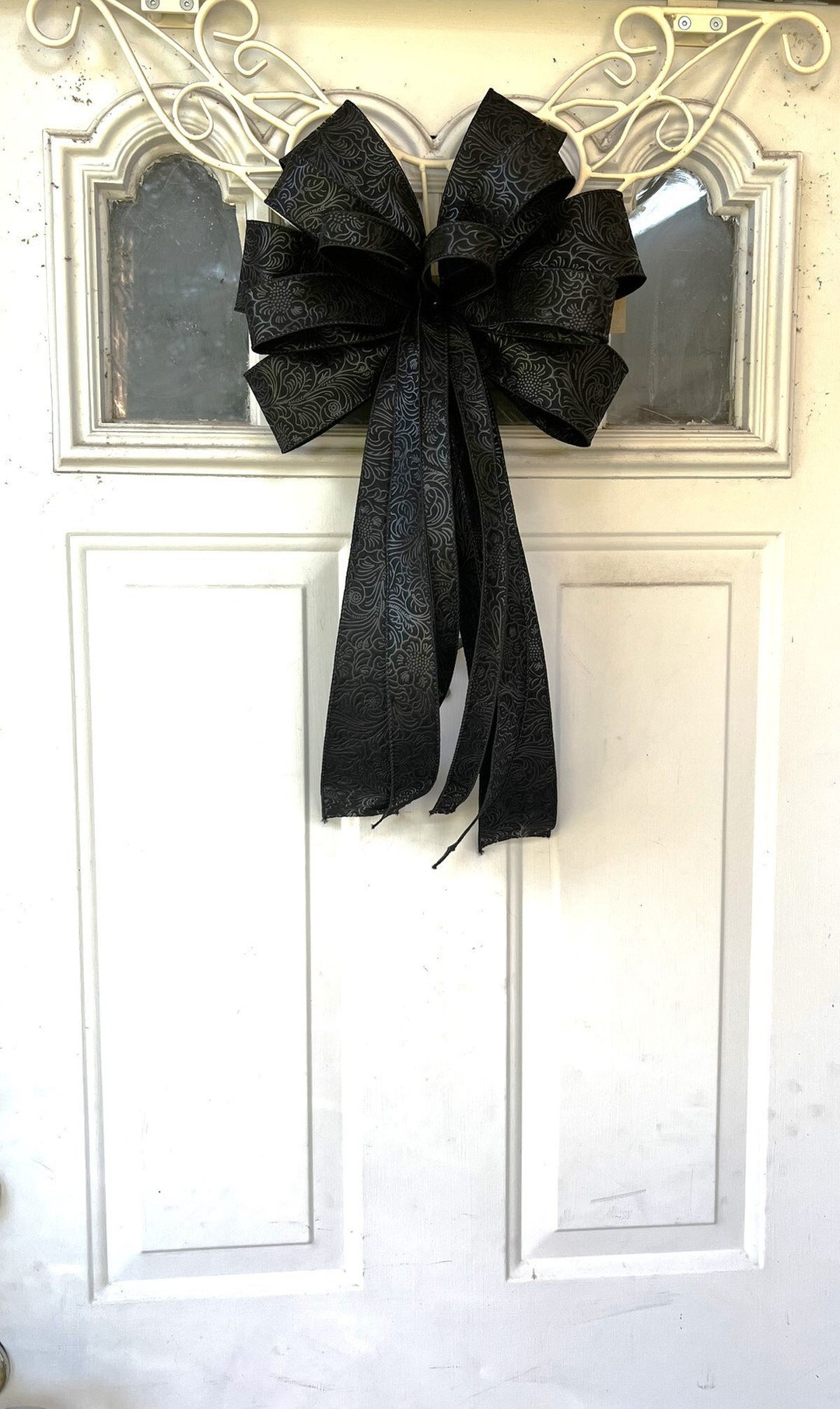 Black Wreath Bow, Embossed Wreath Bow, Black Flower Bow for Tree Topper ...