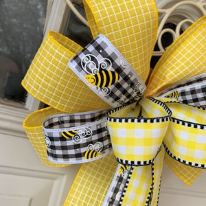 Bee Bow, Buffalo Plaid Honey Bee Bow for Wreath, Bumble Bee Bow ...