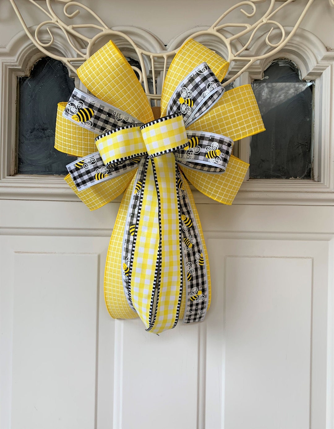 Bee Bow, Buffalo Plaid Honey Bee Bow for Wreath, Bumble Bee Bow ...