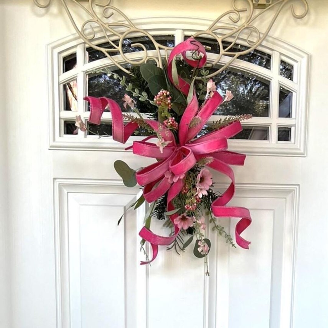 Spring Door Swag With Pink Velvet Bow | Floral Door Swag | Front Door ...