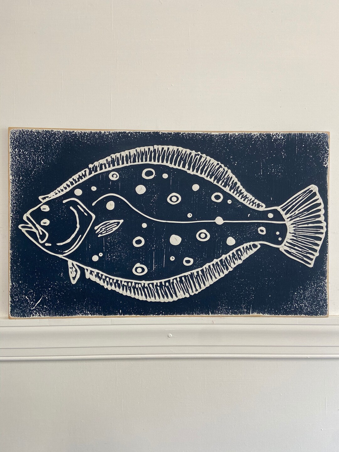 14x24 Navy BLUE FLOUNDER HALIBUT, Wooden Art, Hand Painted, Nautical ...