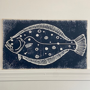 14x24 Navy BLUE FLOUNDER HALIBUT, Wooden Art, Hand Painted, Nautical ...