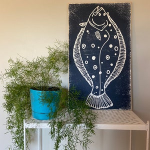 14x24 Navy BLUE FLOUNDER HALIBUT, Wooden Art, Hand Painted, Nautical ...