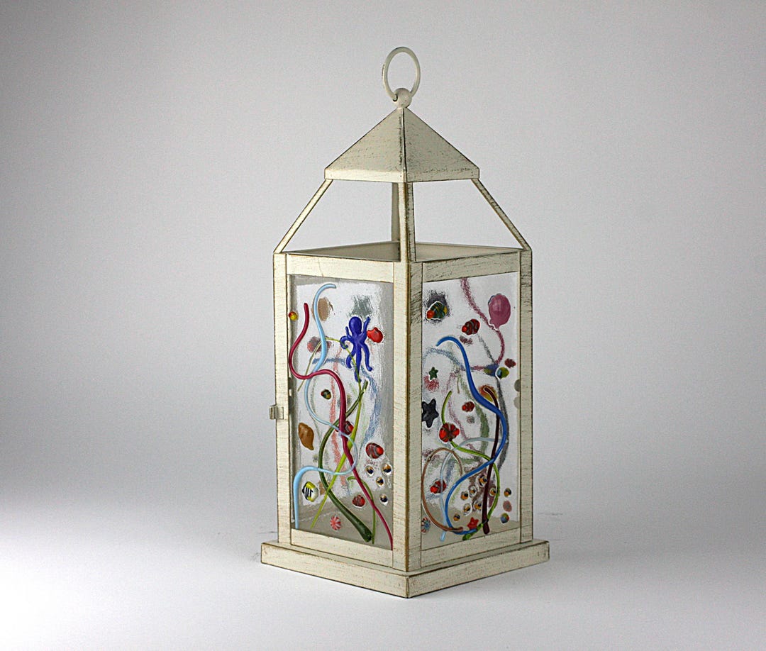 Handmade Coastal Fused Glass Lantern, Ocean Fish and Seashell Garden ...