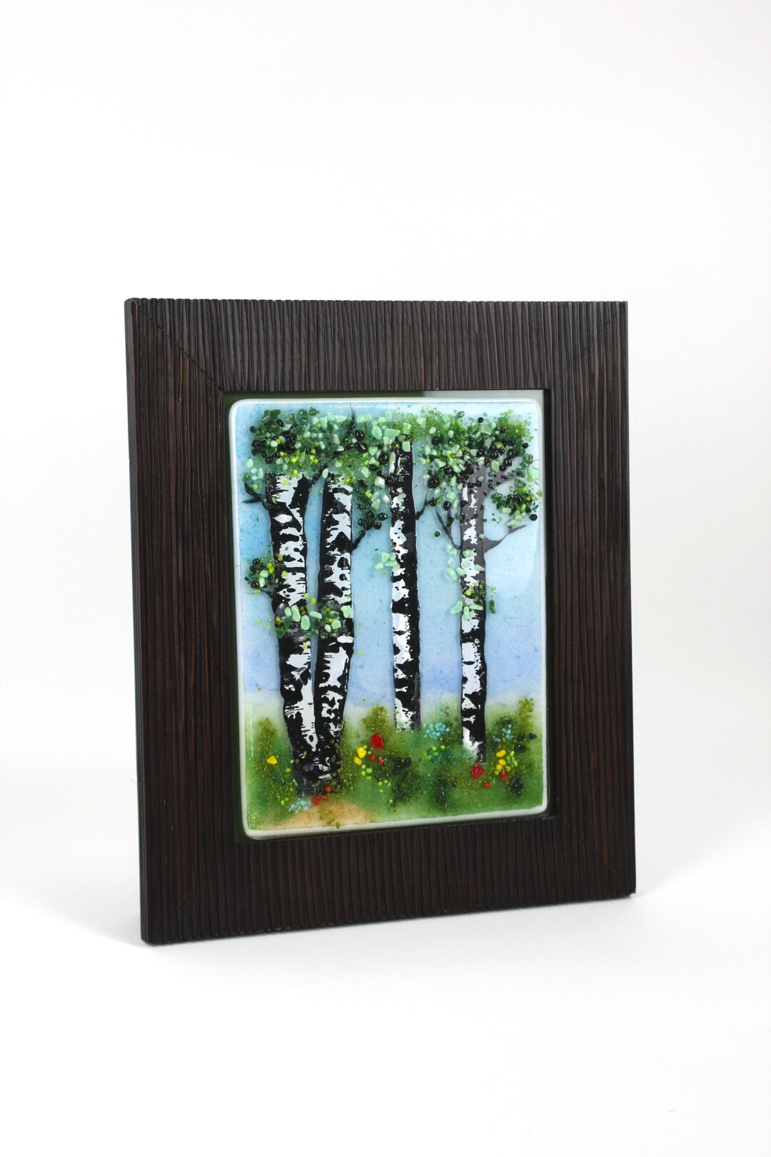 One Kind Fused Glass Framed Birch Tree Art, Forest Scene, Blue Sky ...