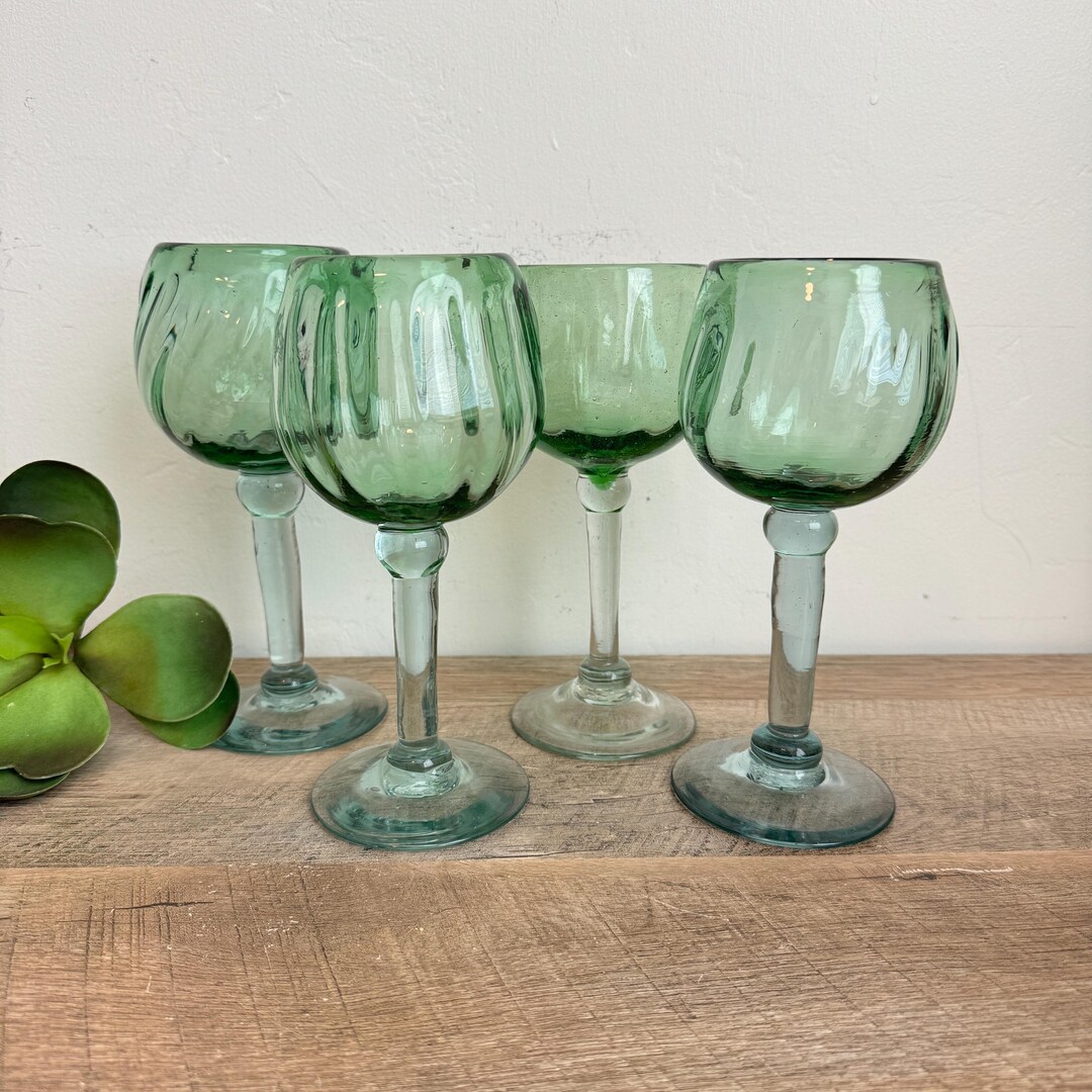 Mexican Wine Glasses - Hand Blown - Mexican Bubble Glass - Green - Set ...