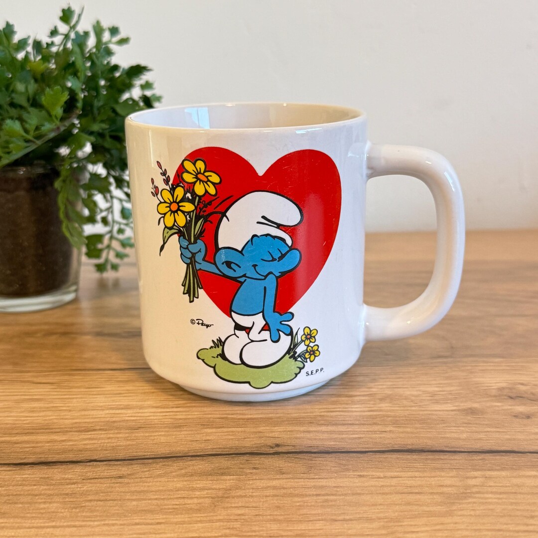 Vintage 1981 Smurf Mug | Wallace Berrie Coffee Cup | Smurf With Flowers ...