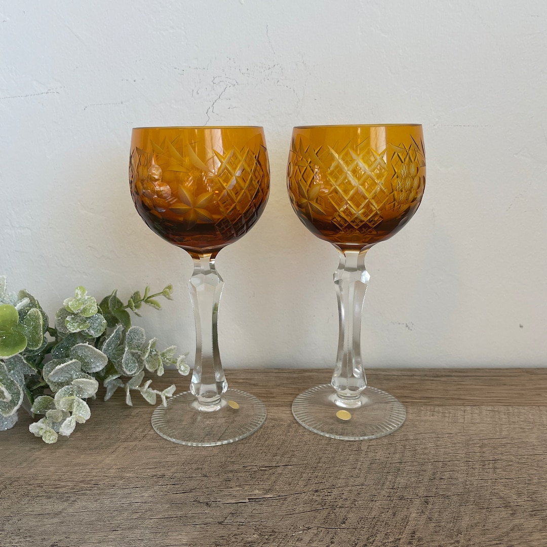 Bavarian Amber Wine Glasses - Etched Goblets - Hungary - Grapes - Cut ...