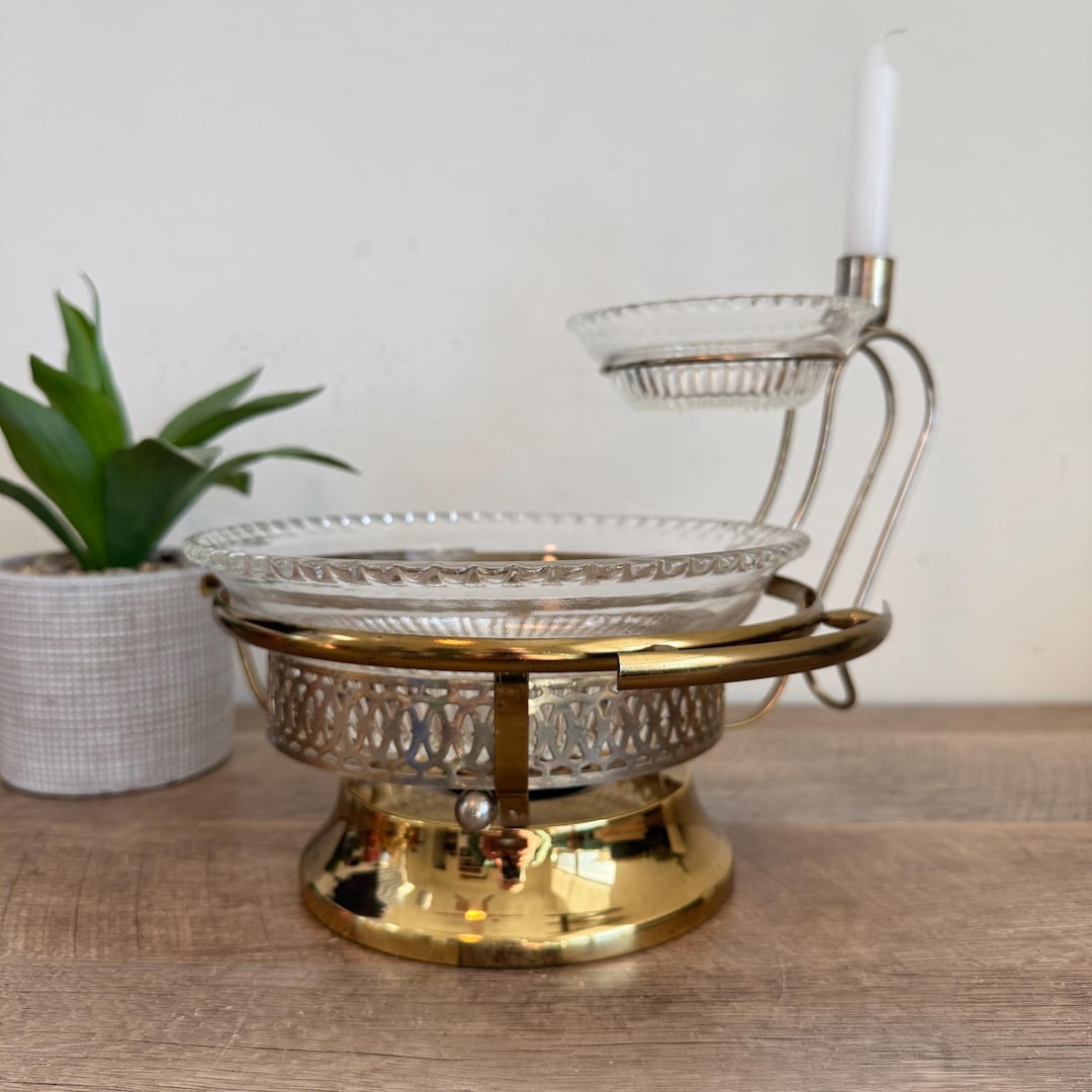 Buffet Warming Dish Set - Glass Dishes - Gold Metal - Candle Warmer ...