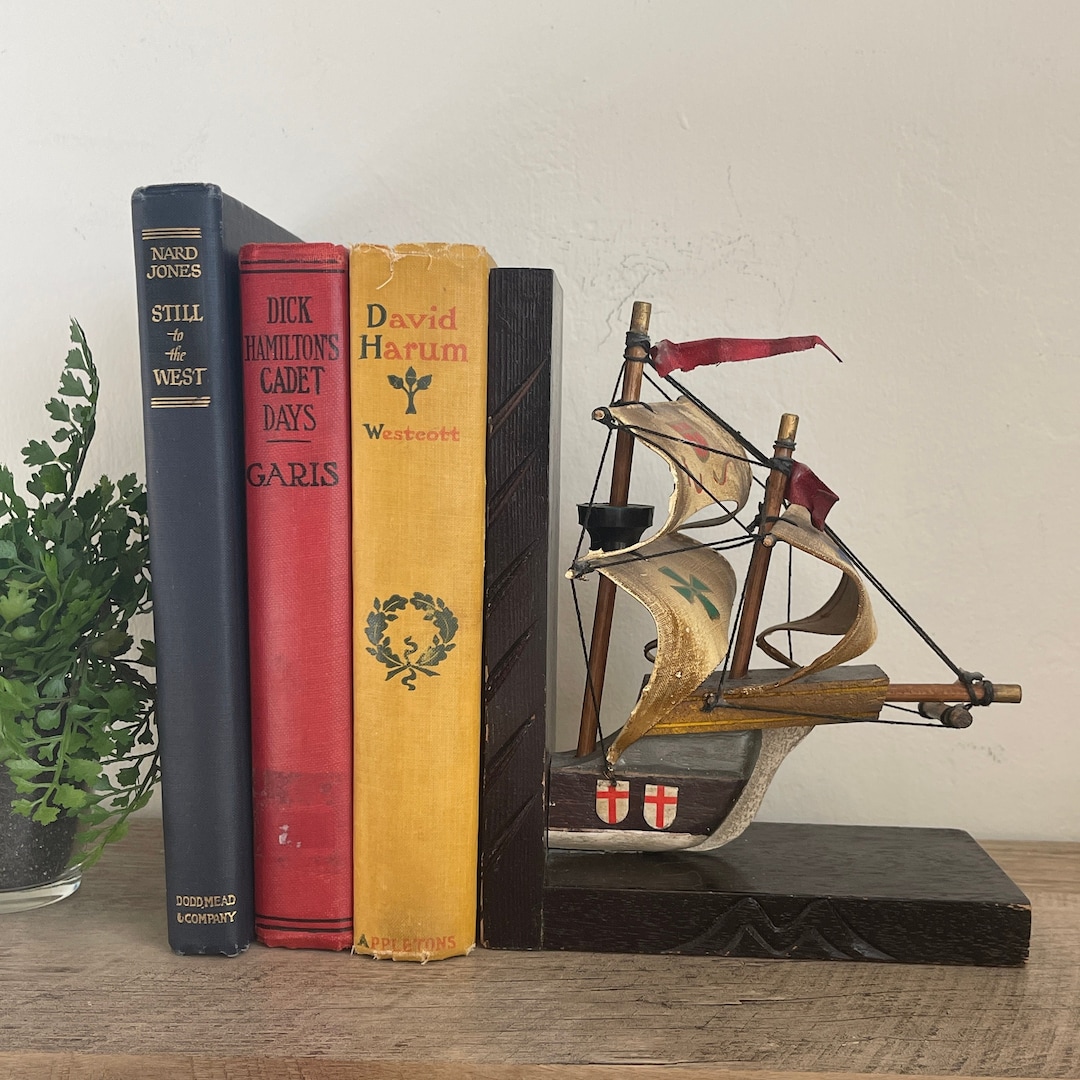 Vintage Wooden Ship Bookend Nautical Galleon Sailboat Pirate Ship ...