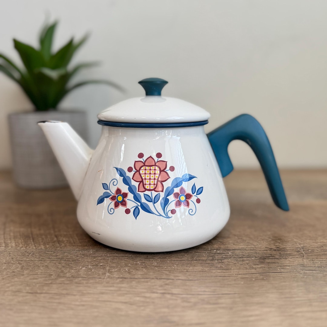 Vintage Floral Enamelware Tea Pot - Kockum Sweden Coffee Pot - White ...
