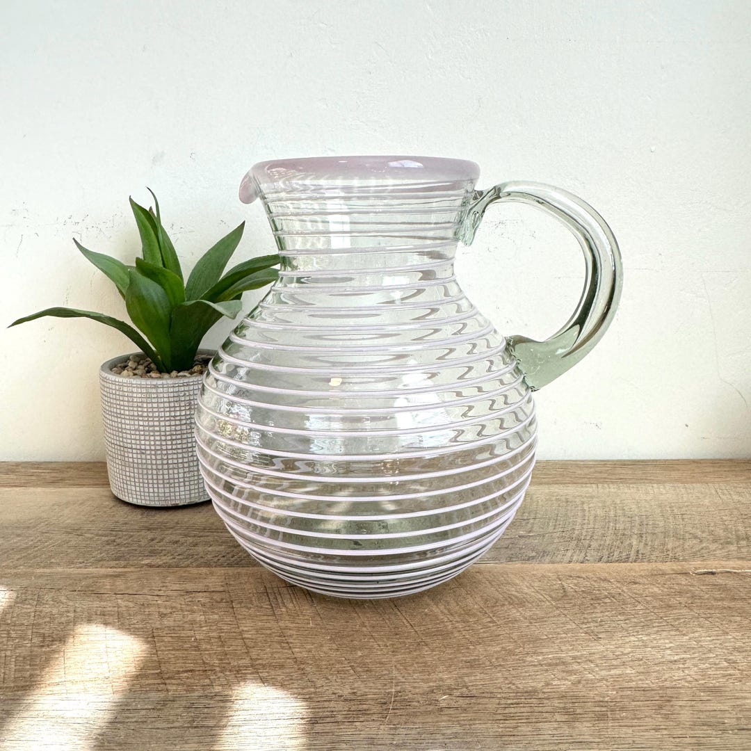 Vintage Pink Striped Glass Pitcher - RARE - Handblown in Mexico - Light ...