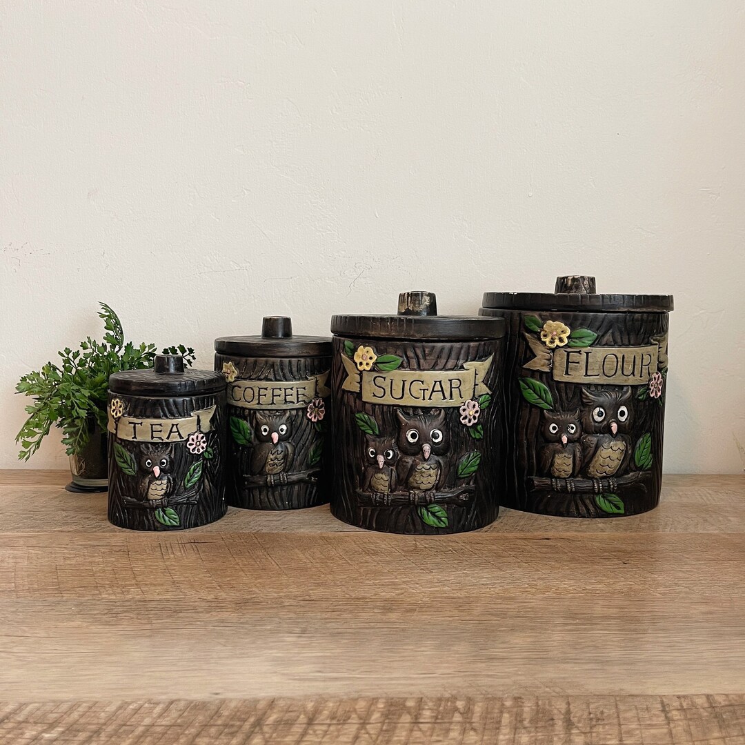 Vintage Owl Canisters YOU PICK Tea, Coffee, Sugar, Flour Treasure Craft ...