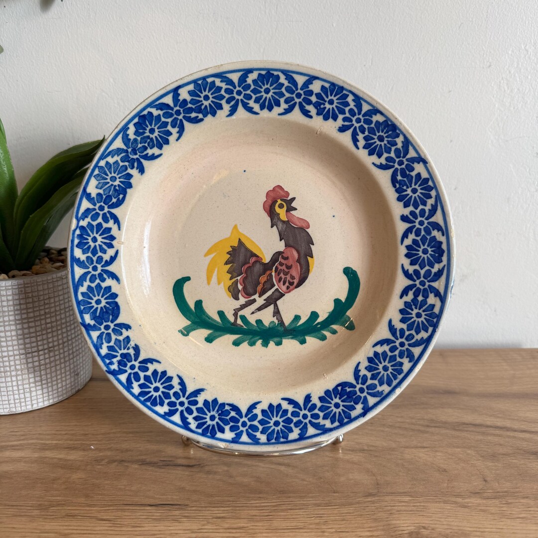 Vintage Hand Painted Rooster Plate | Folk Art Pottery | Rustic ...