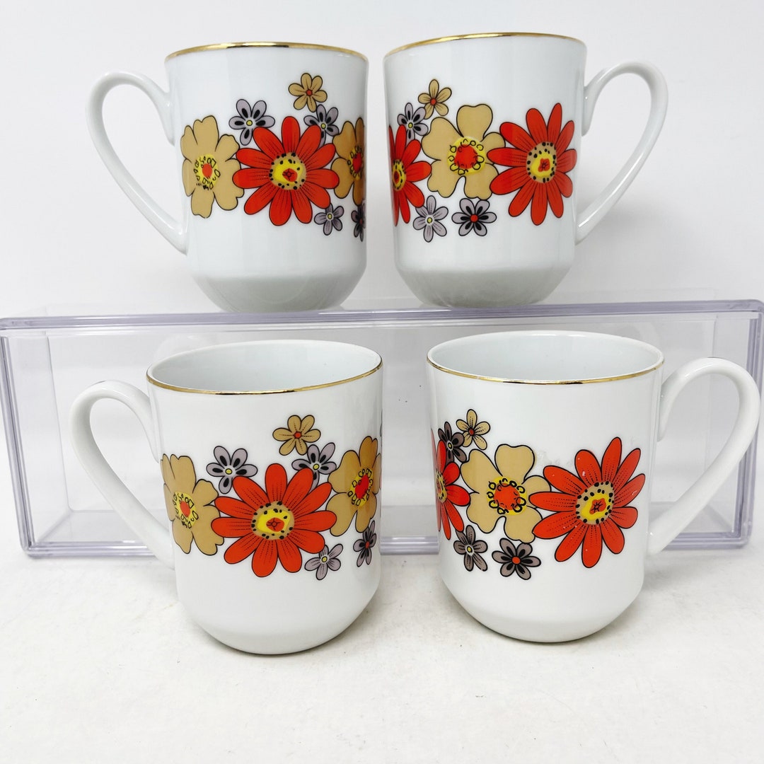 Vintage Floral Mugs - Mid-century Mugs - Set of 4 - Gold Rimmed ...