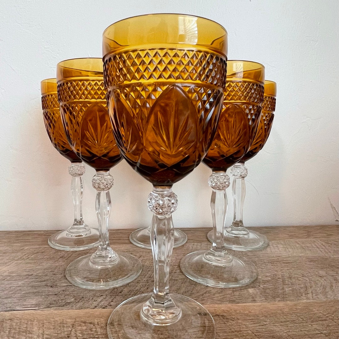 Cristal D'arques Durand Amber Etched Goblets Select 2 or 4 Amber Glass ...