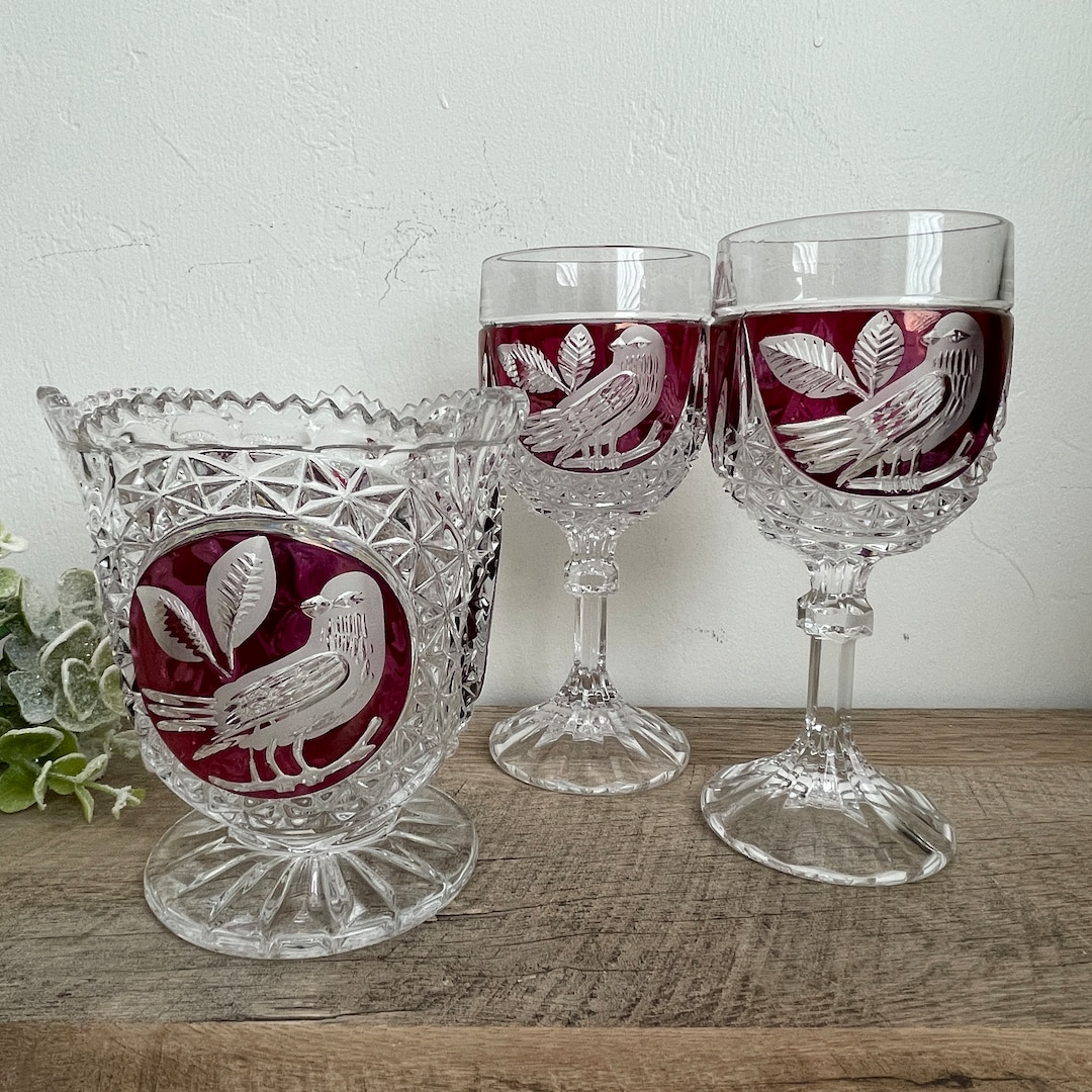 Hofbauer Byrdes Bird Ruby Red Crystal Glass Wine Glasses or Candy Dish ...
