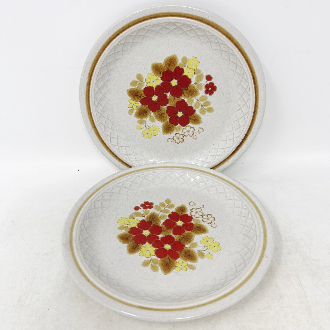 Color Stone Nikko Stoneware Plates Salad Dessert Red Yellow Flowers ...