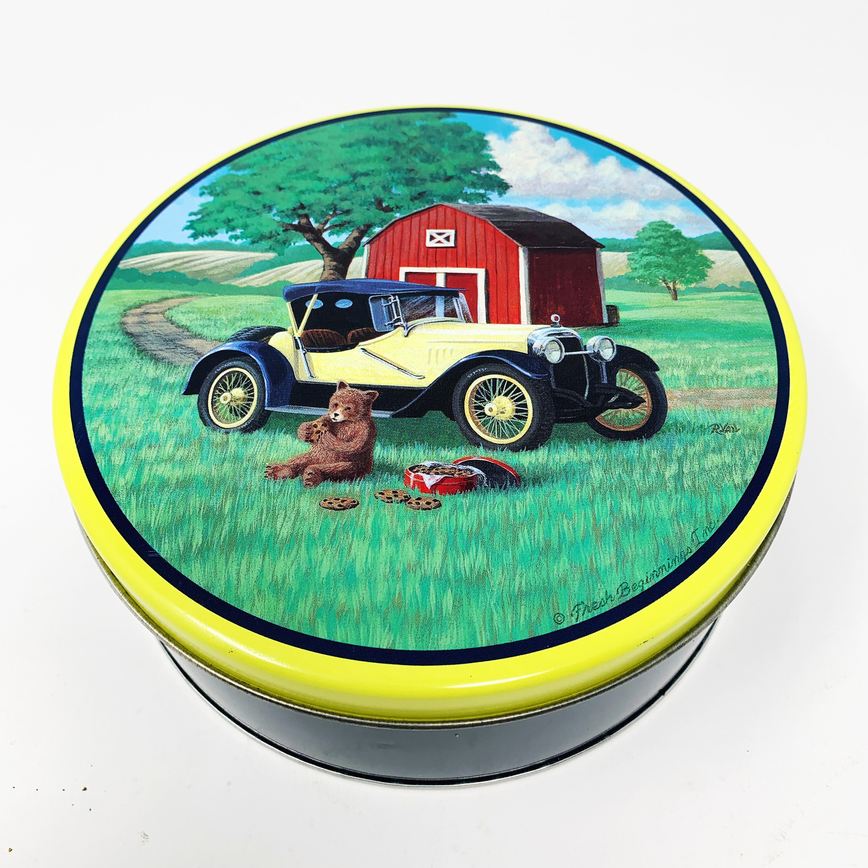 Vintage Car Cookie Tin Red Barn Fresh Beginnings Fancy | Etsy