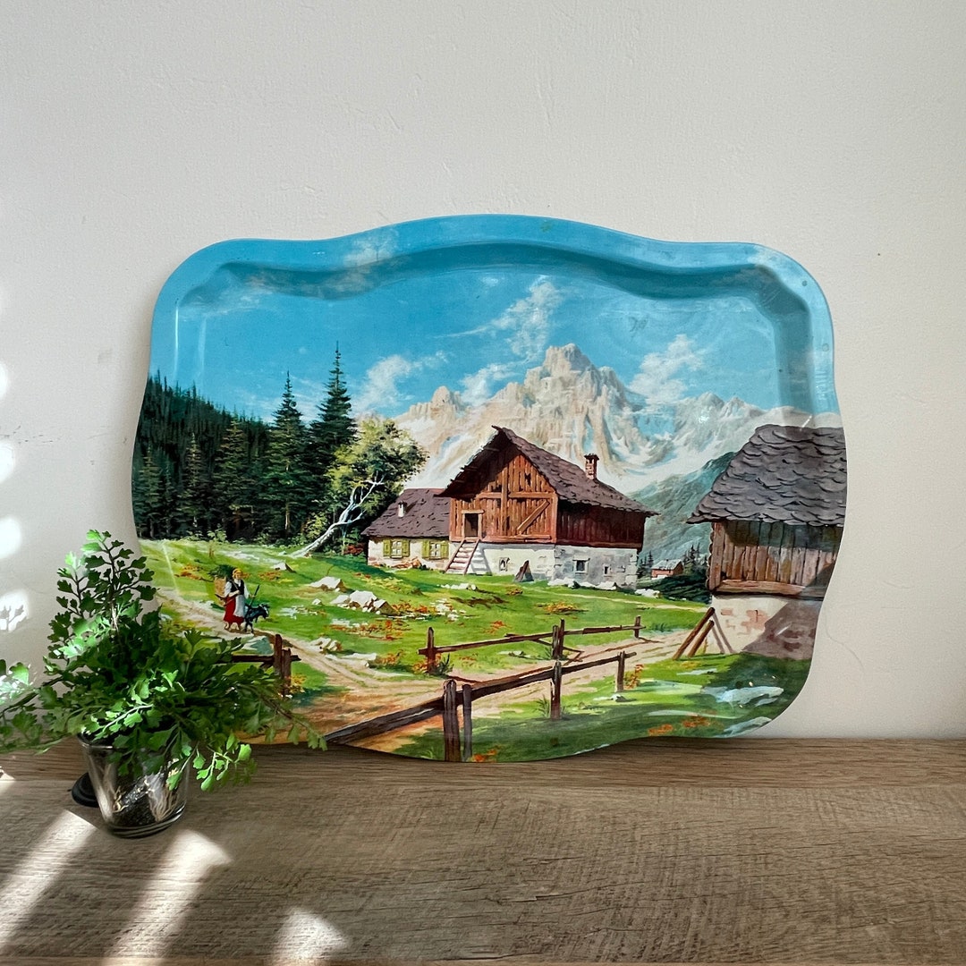 Vintage Farmhouse Tray - Bavarian Scene - Lobeco - Mountains - Barn ...