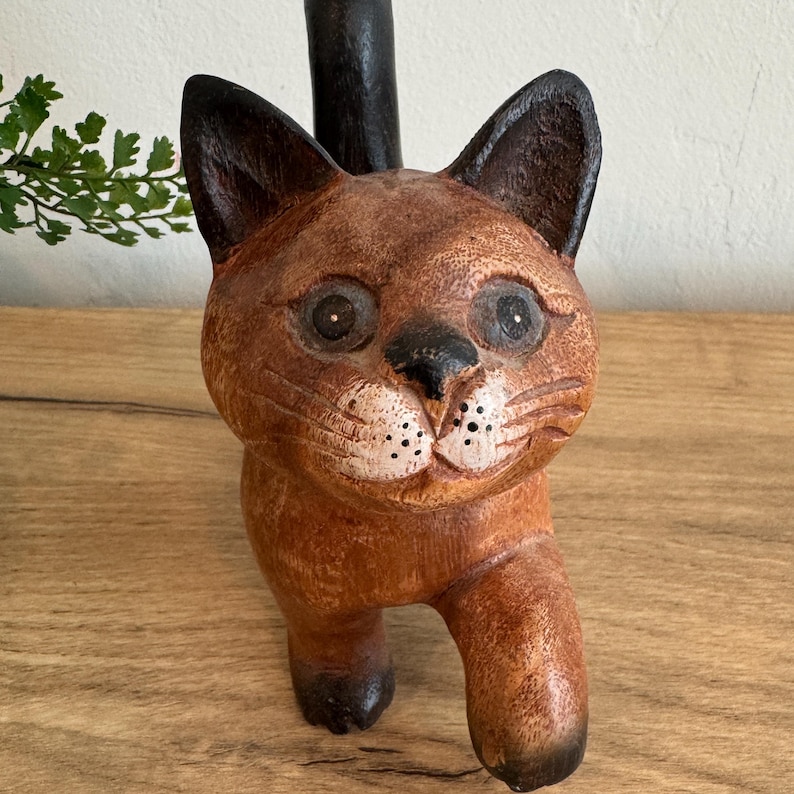 Vintage Wooden Cat Figurine | Hand Carved Cat Statue | Boho Shelf Decor ...