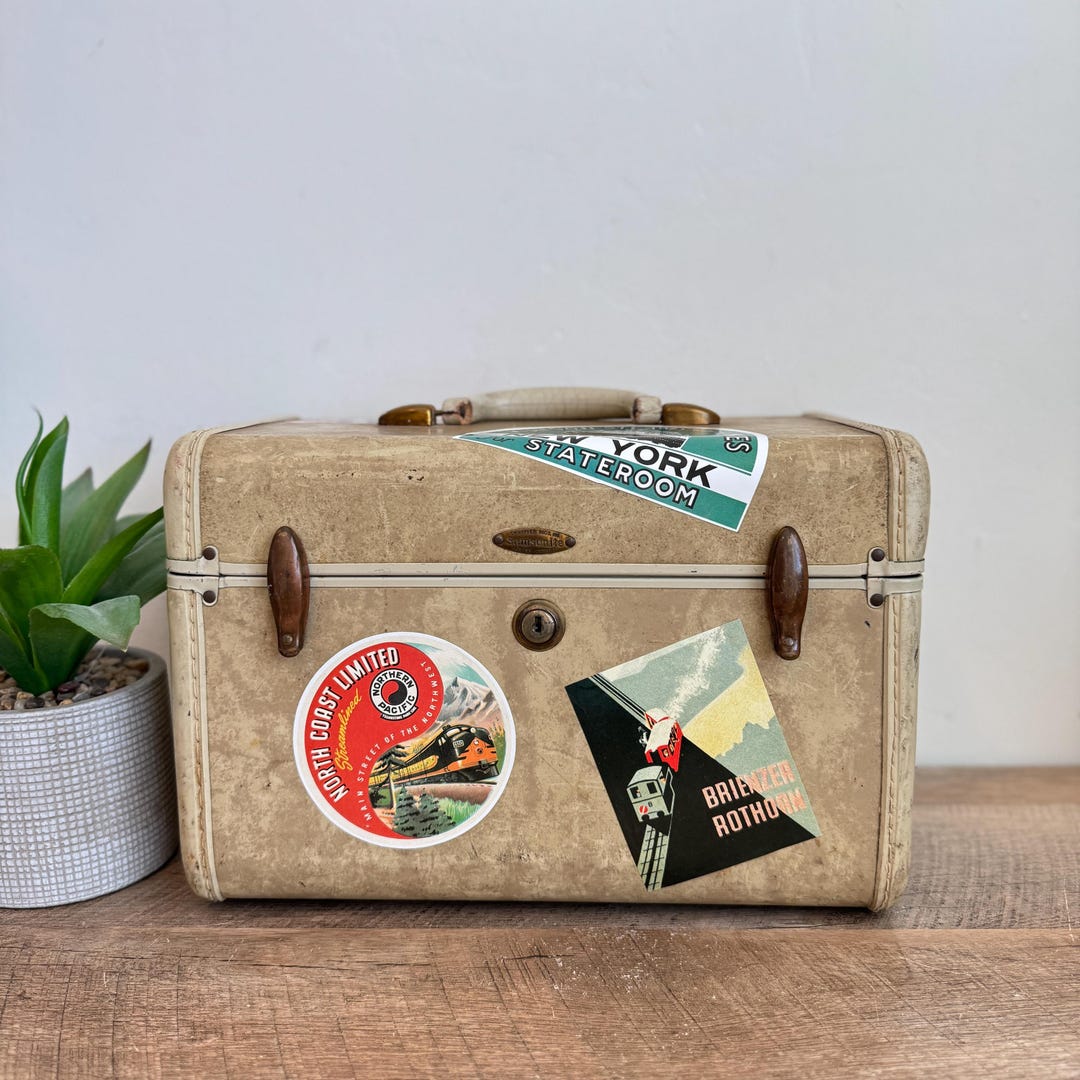 Vintage Train Case Samsonite Shwayder Bros Travel Stickers White Cream ...