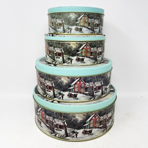Vintage Winter Sleigh Ride Tins Set of 4 Snow Horse Drawn Carriage Blue ...