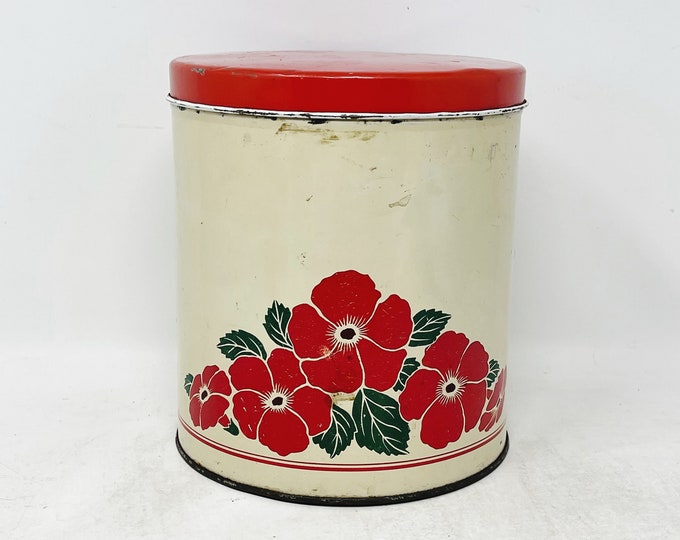 Red Floral Tin - Vintage - Canister - Decoware - Round - Container ...