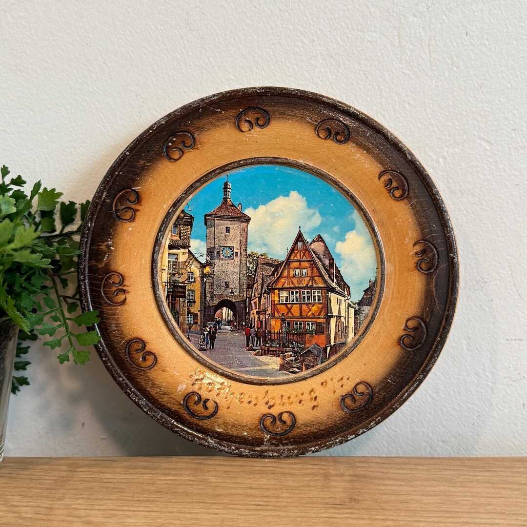 Vintage Wood Small Plate | Hand Painted German Village Scene | European ...