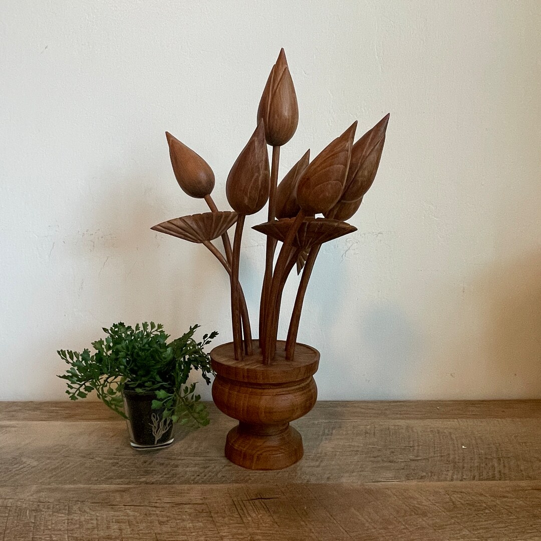 Wood Floral Arrangement - MCM - Hand Carved - Wooden Flower Centerpiece ...