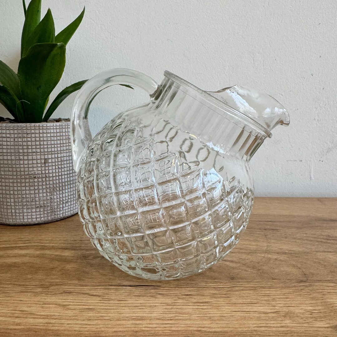 Vintage Glass Ball Pitcher | Small Round Water Jug | Textured Diamond ...