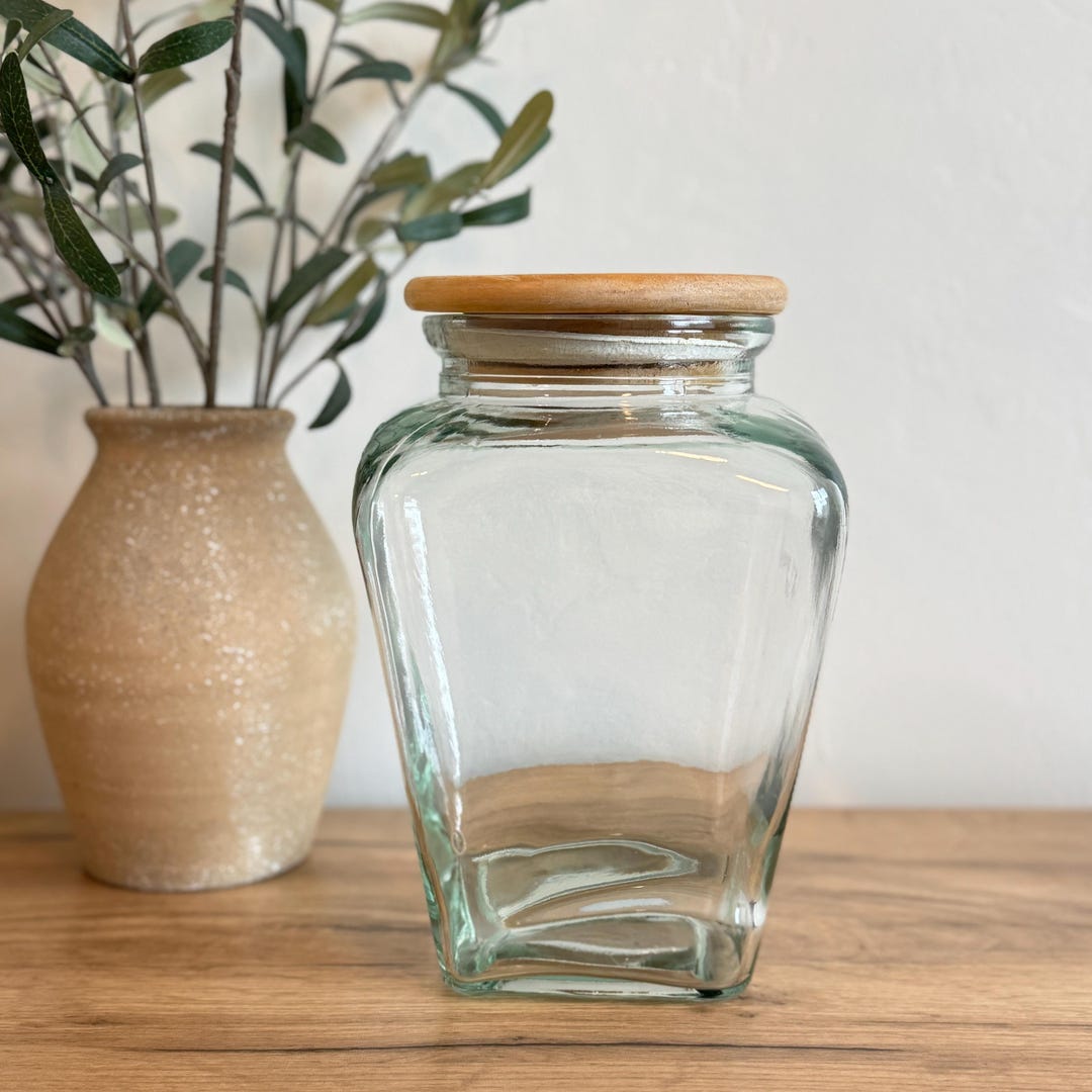 Vintage Green Glass Jar With Wooden Lid - 10"t - Canister - Kitchen ...