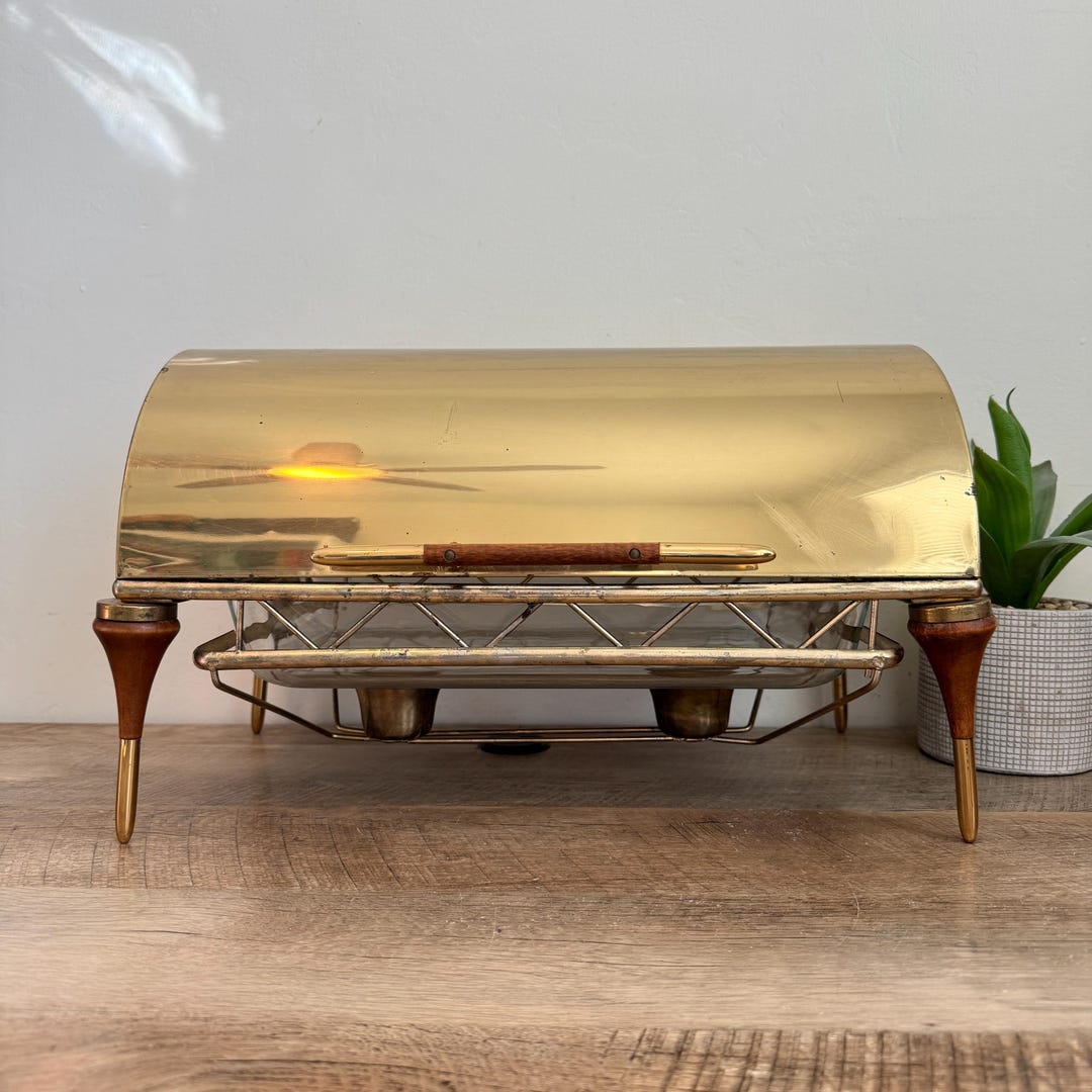 Brass & Wood Chafing Dish With Pyrex Glass Serving Dish - Mid-century ...