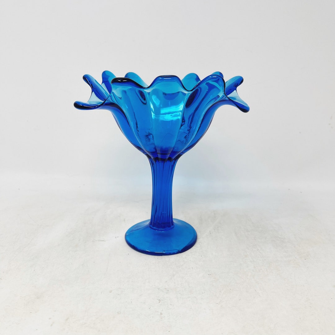Blue Glass Dish - Scalloped Edge - Candy Dish - Compote - Pedestal ...