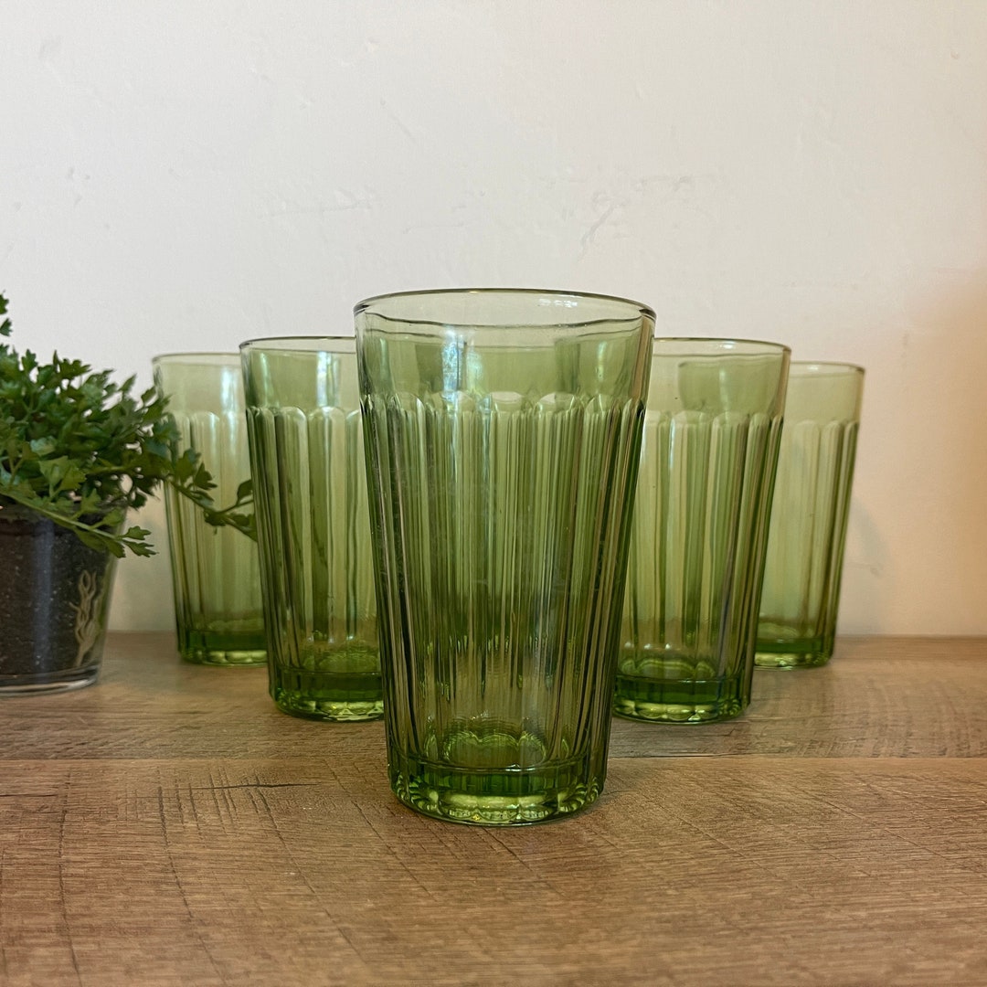 Vintage Green Ribbed Glasses Anchor Hocking 4 3/4 Tall Set of 6 Avocado ...