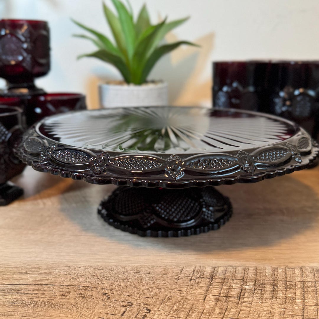 Vintage Red Glass Cake Stand - Avon Cape Cod - Ruby Red - Cake Plate ...