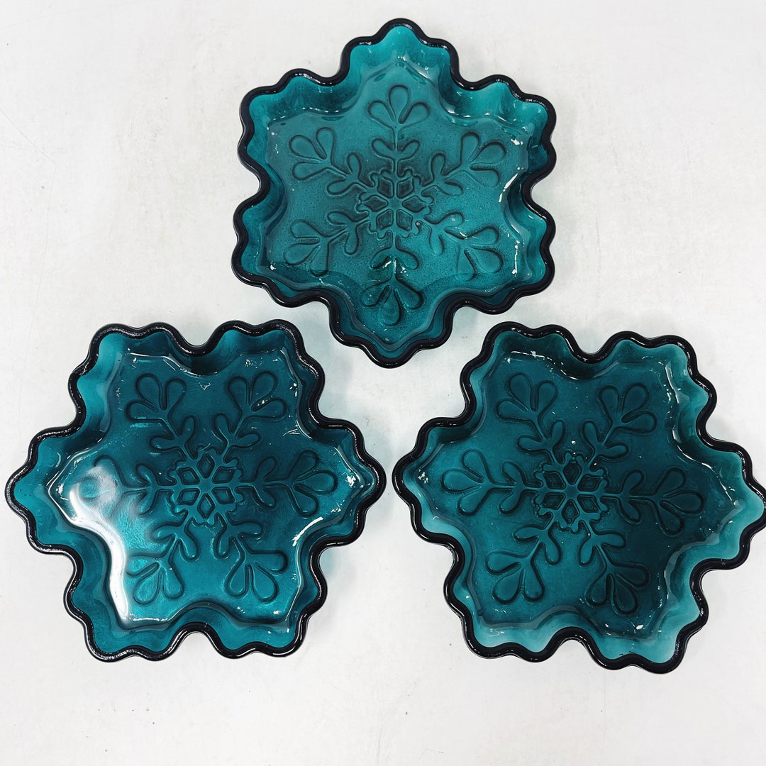 Teal Glass Snowflake Dishes Trinket Dish Nut Dish Coaster Candle Base ...