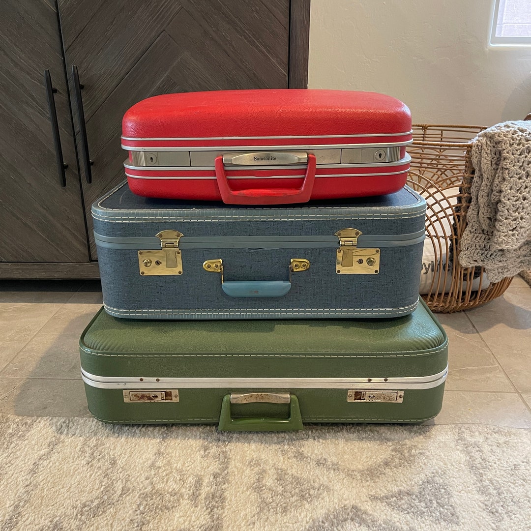 Vintage Suitcases Samsonite Bright Red Green Trojan Blue Suitcase ...